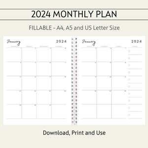 2024 Monthly Planner Printable, Dated Month on 2 Pages, 2024 Calendar ...