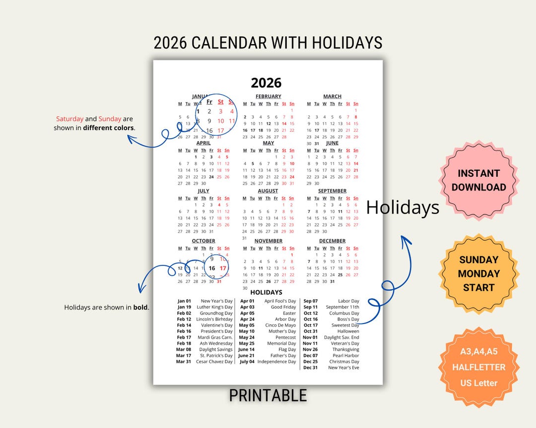 2026 Printable Calendar: Vertical Layout, Sunday/monday Start (PDF ...