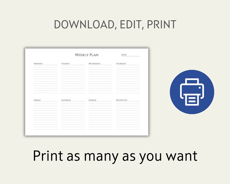 Weekly Planner Fillable and Printable Landscape, Minimalist Weekly ...