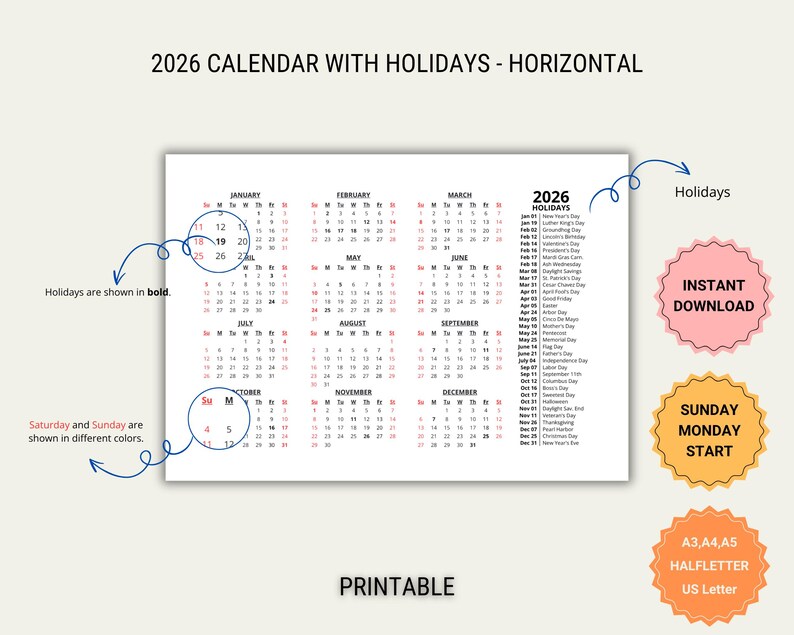 2026 Printable Calendar: Horizontal Layout, Sunday/monday Start (PDF ...