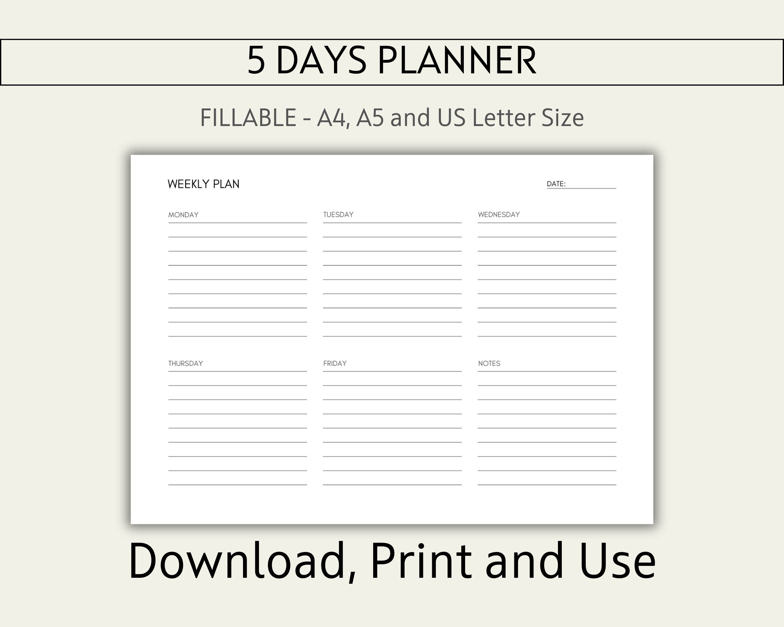 Five Day Weekly Planner Printable Weekly Schedule Week at a - Etsy