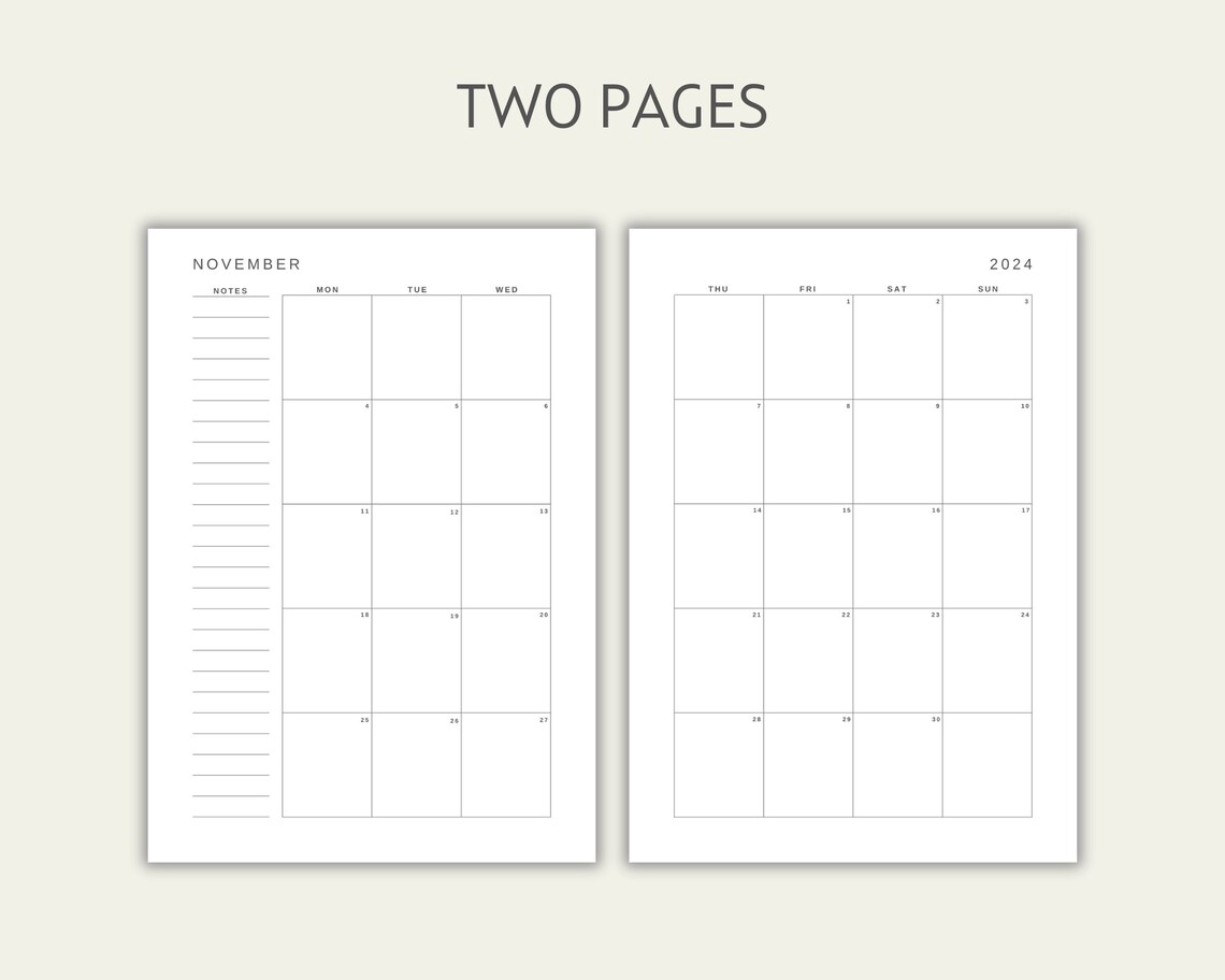 Printable Monthly Planner 2024, Month at a Glance, Minimalist Two Pages ...