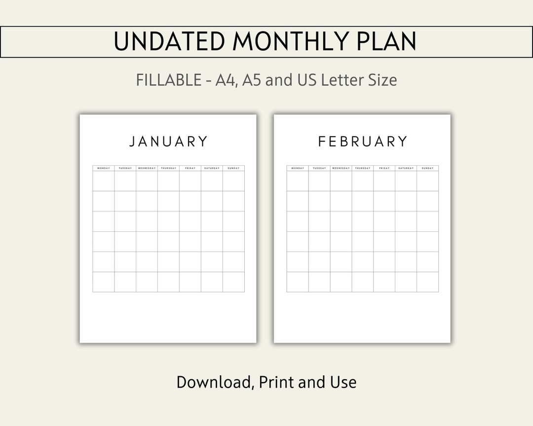 Undated Monthly Planner Printable, Monday & Sunday Start, Ink Friendly ...