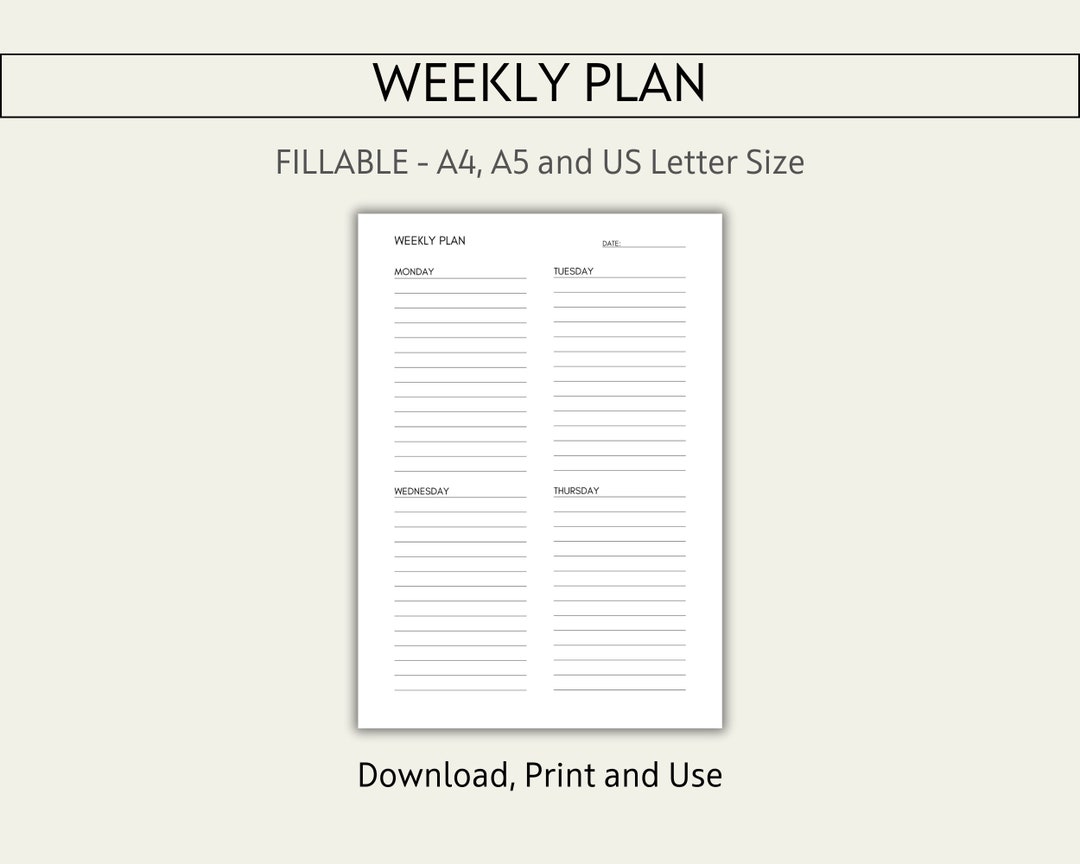 Fillable Week on Two Pages, Printable Weekly Planner, Minimal Weekly ...
