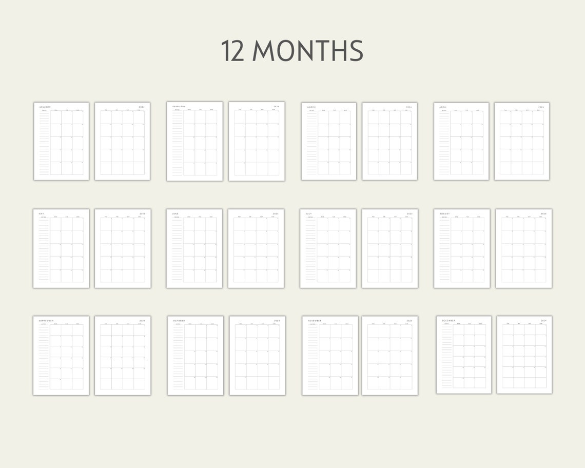 Printable Monthly Planner 2024, Month at a Glance, Minimalist Two Pages ...