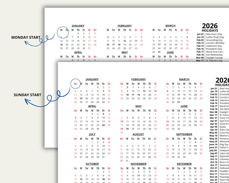2026 Printable Calendar: Horizontal Layout, Sunday/monday Start (PDF ...