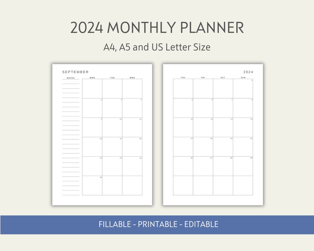 Printable Monthly Planner 2024, Month at a Glance, Minimalist Two Pages ...