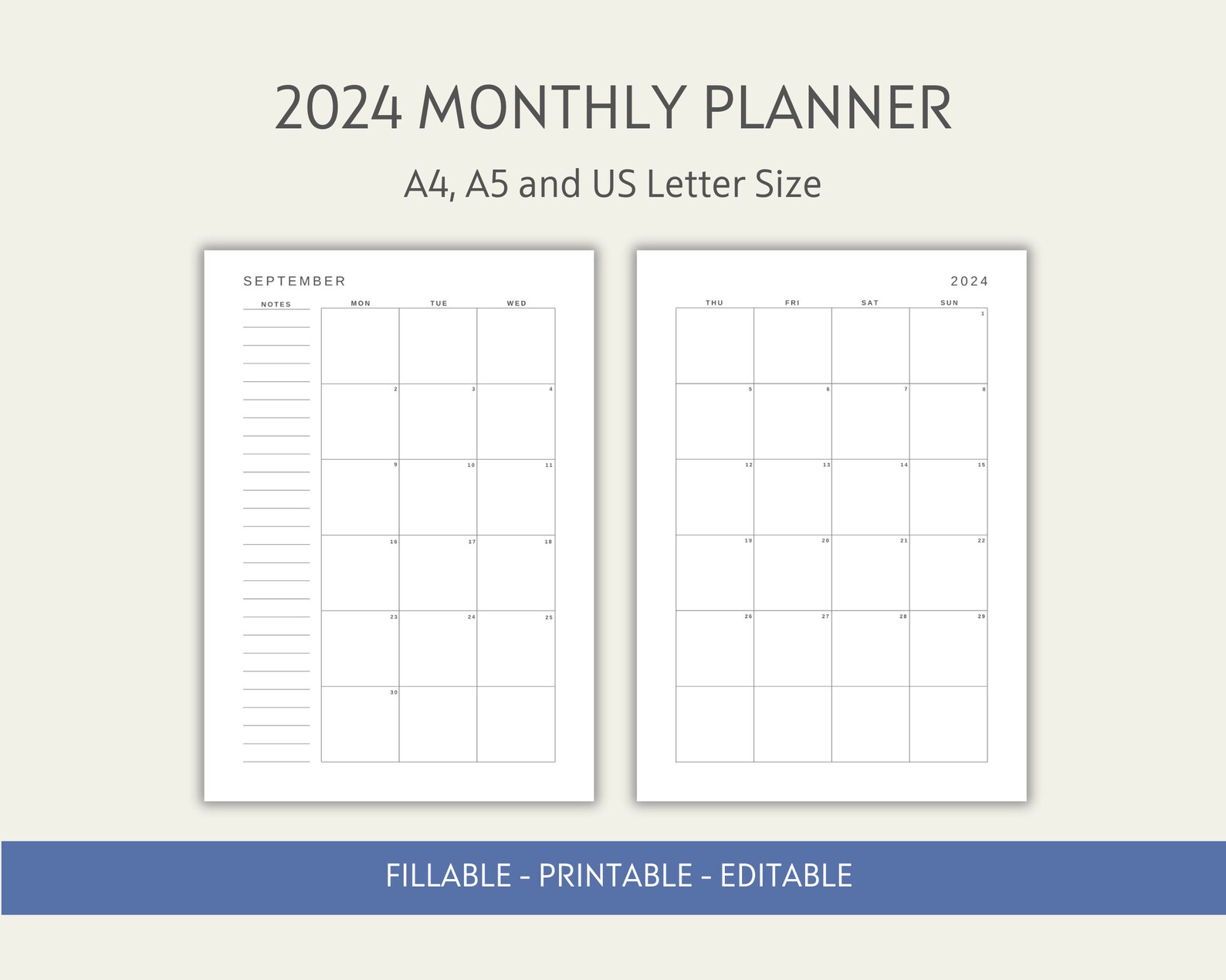 Printable Monthly Planner 2024, Month at a Glance, Minimalist Two Pages ...