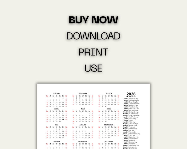 2026 Printable Calendar: Horizontal Layout, Sunday/monday Start (PDF ...