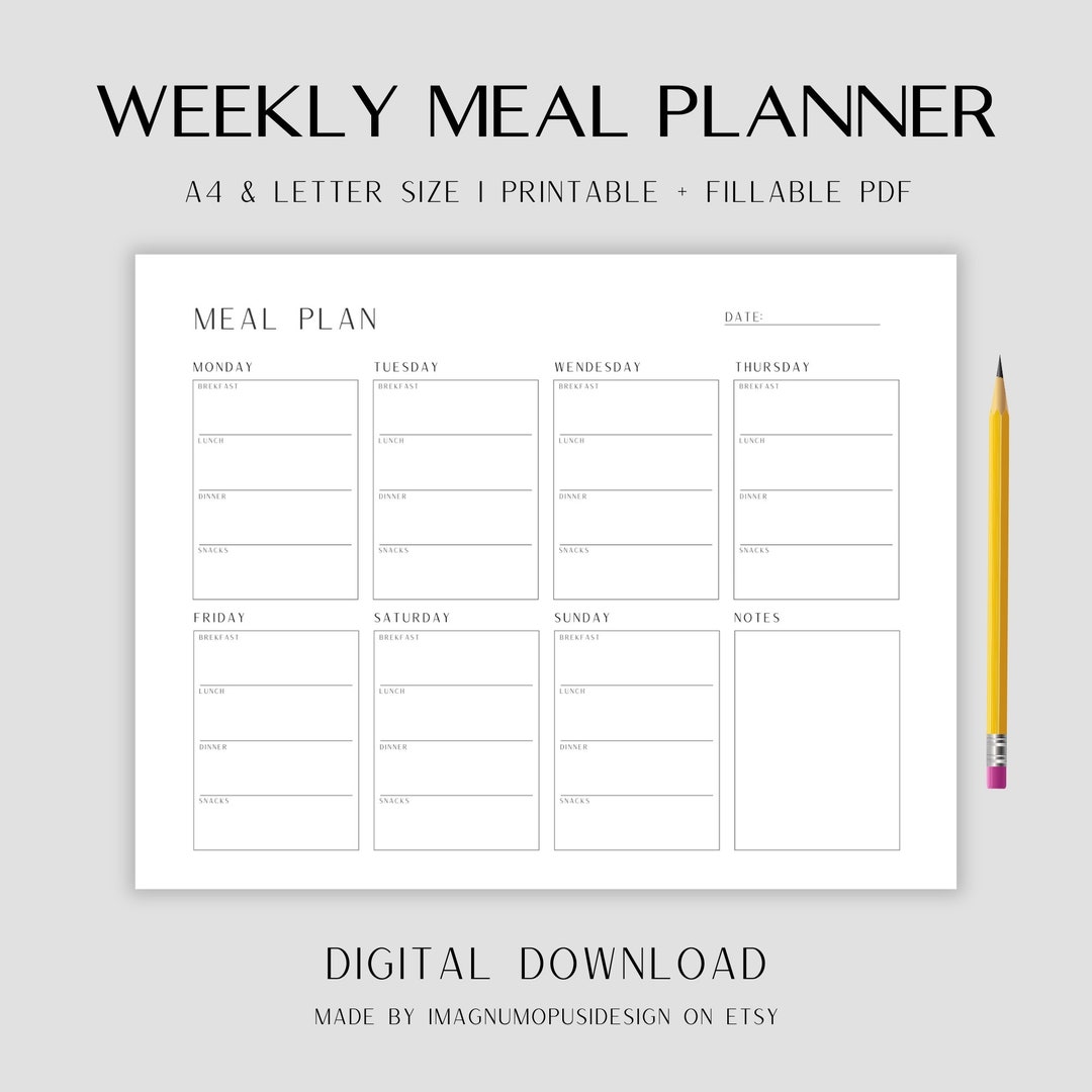 Minimalist Printable Weekly Meal Planner, Food Diary, Meal Tracker ...