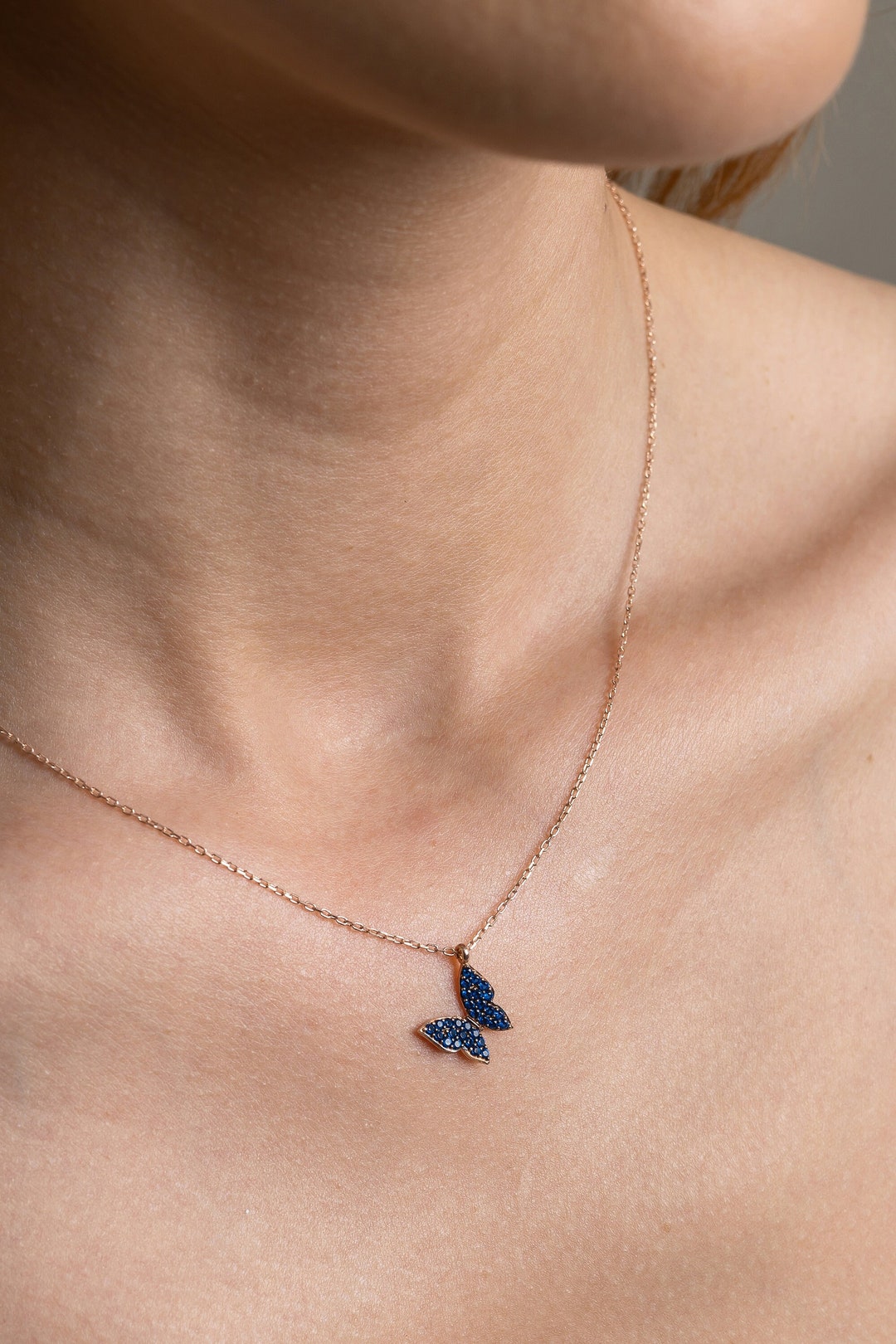 Blue Butterfly Charm Necklace With Zirconium Stone , 925 Sterling ...