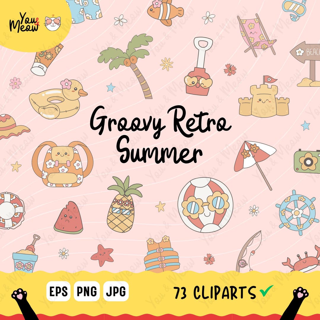 Retro Summer Clipart Bundle | Groovy 90s Beach Graphics (PNG, JPG, EPS ...