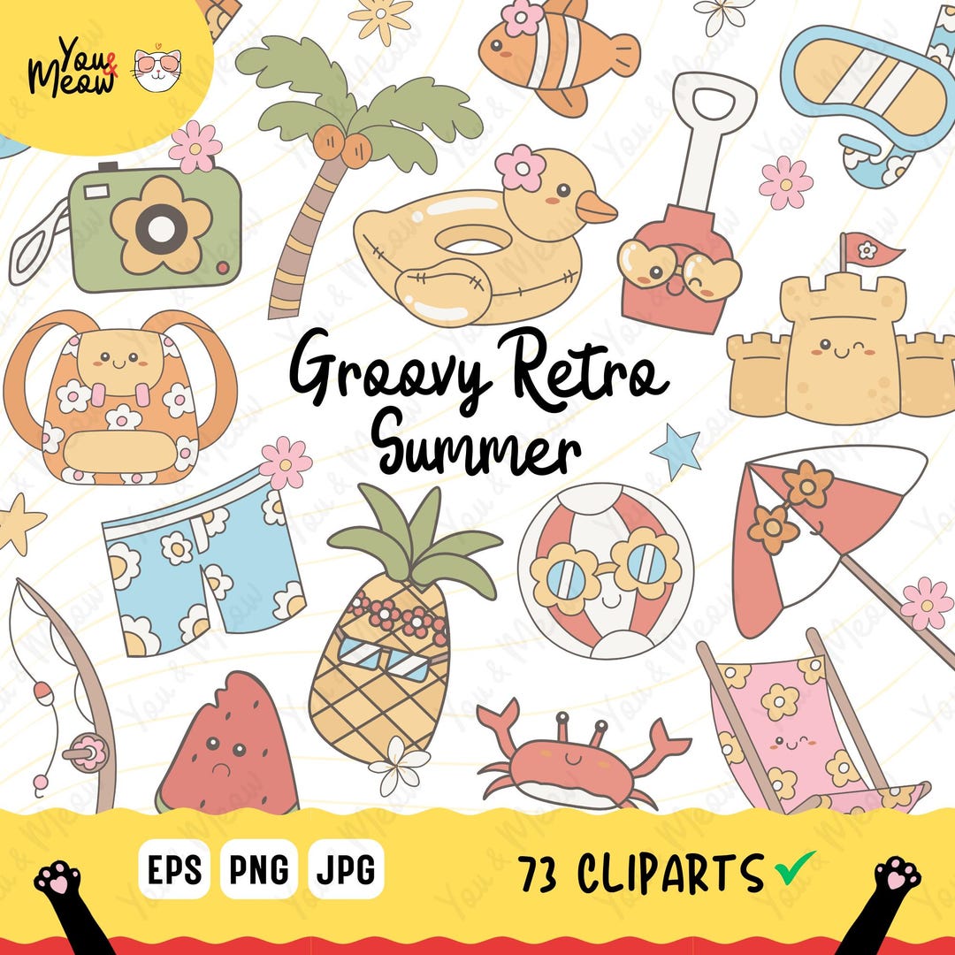 Retro Summer Clipart Bundle | Groovy 90s Beach Graphics (PNG, JPG, EPS ...