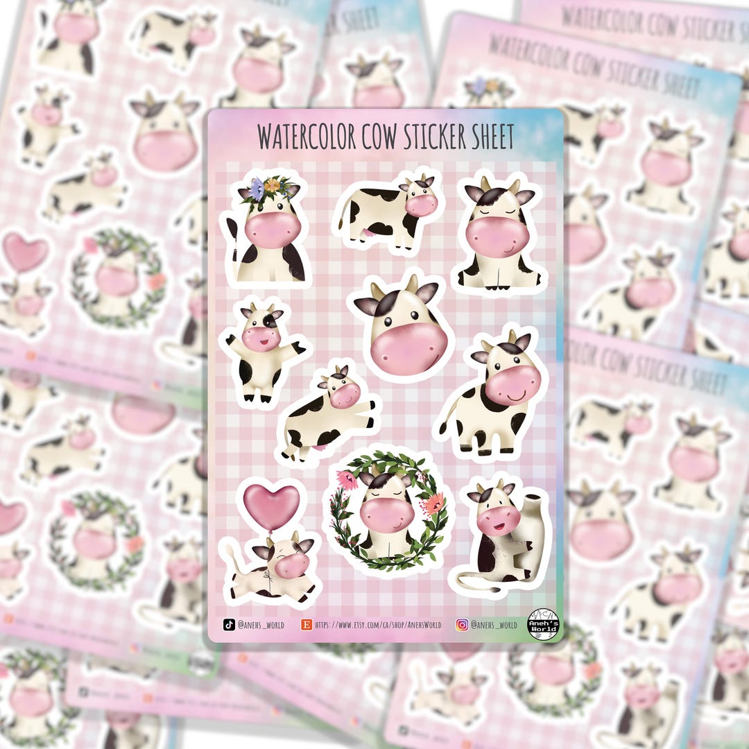Cute Cow Sticker Sheets | Watercolor Art | Glossy Vinyl Sticker Sheets ...