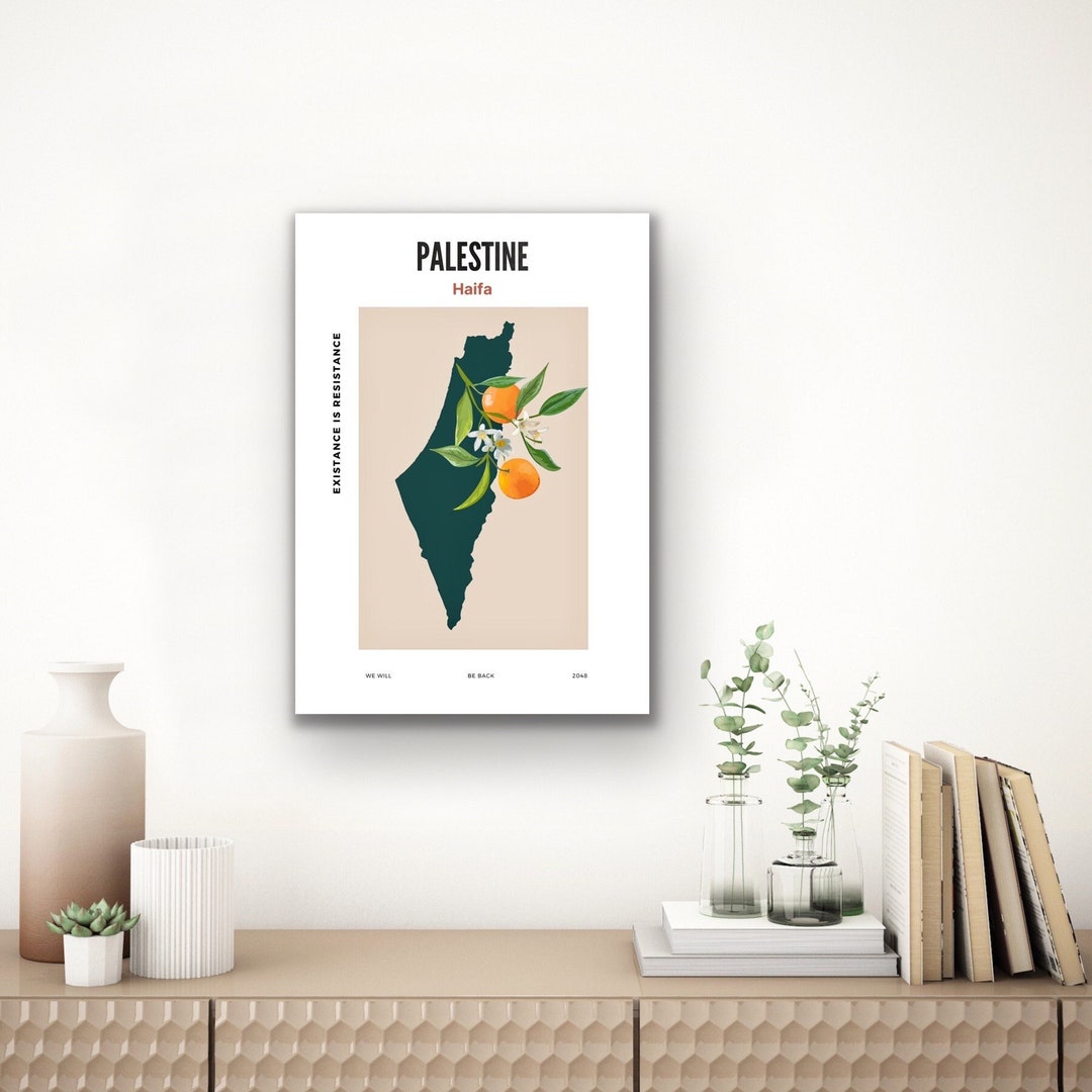 Palestine Map Digital Poster, Palestine Collection, Orange Yellow ...