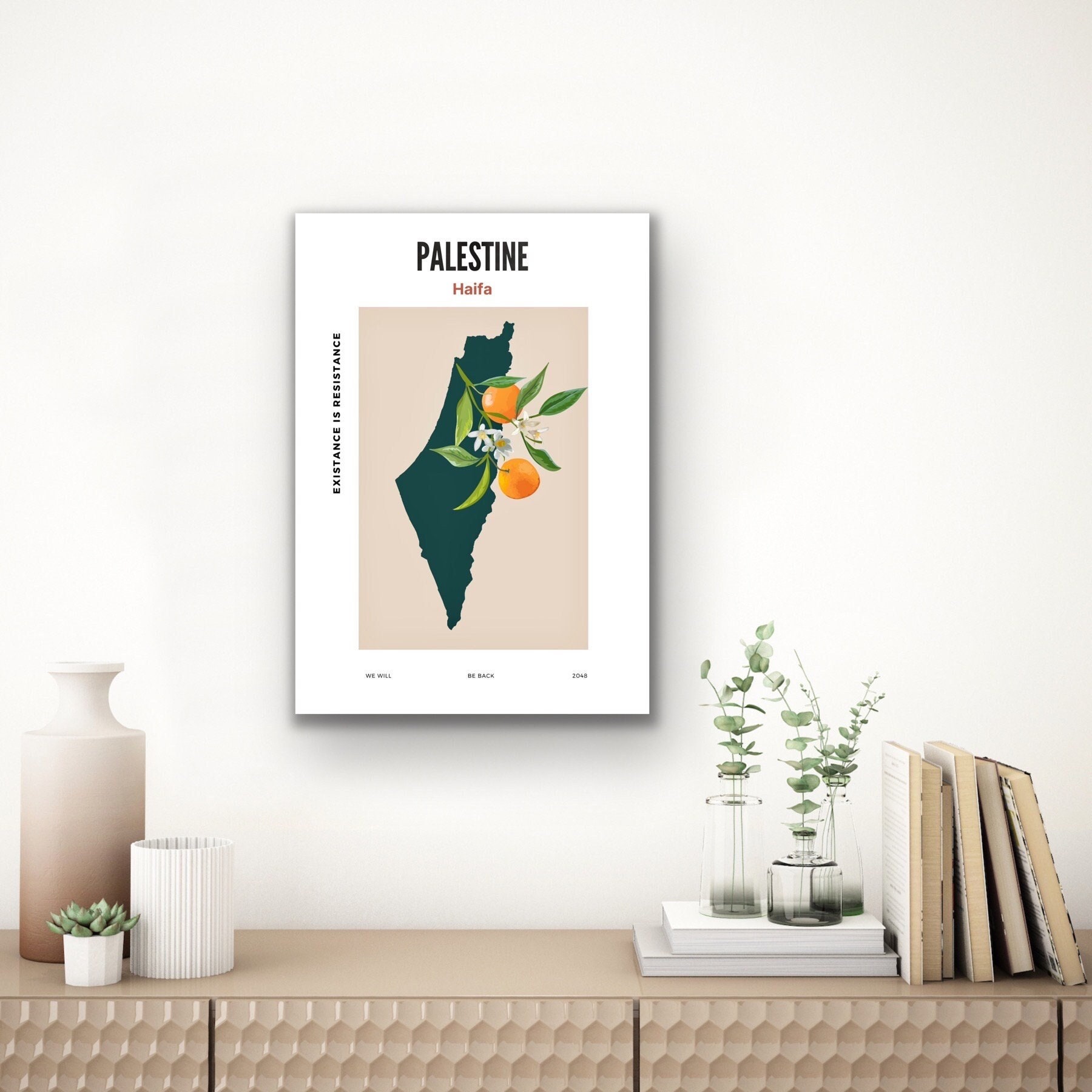 Palestine Map Digital Poster, Palestine Collection, Orange Yellow ...