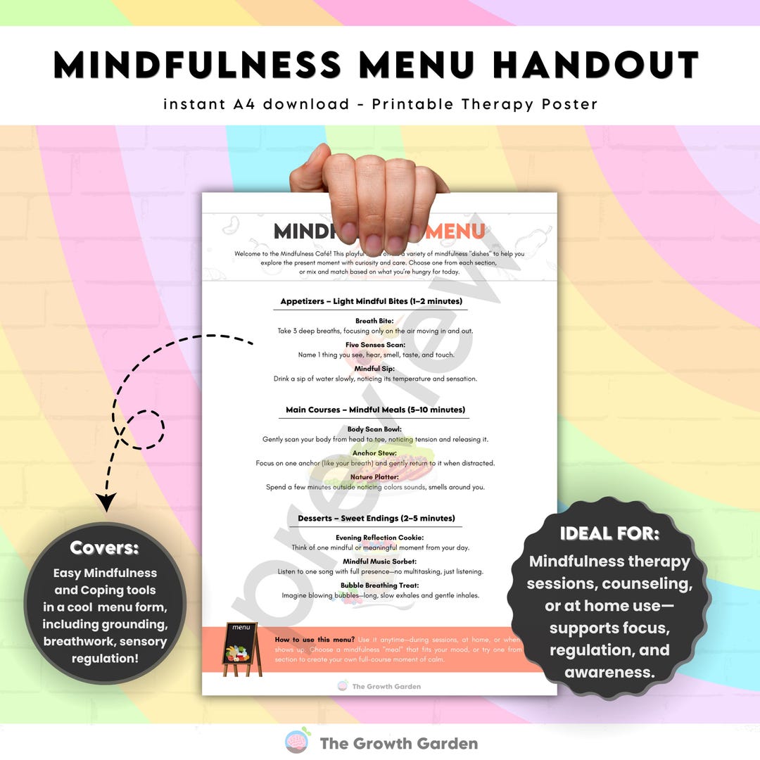 Mindfulness Menu Therapy Handout | Therapy Tool for Nervous System ...