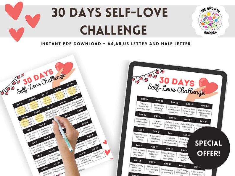 30 Days Self-love Challenge Printable Instant Download PDF - Etsy
