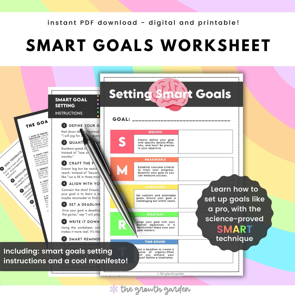 SMART Goals Worksheet | Goal Setting Therapy Tool With Instructions for ...