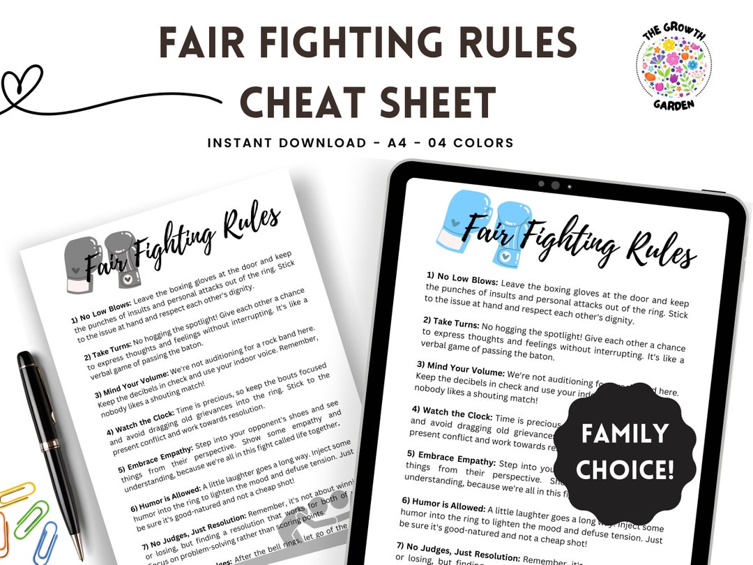 Fair Fighting Rules Cheat Sheet A4 Instant Download CBT Therapy Tool Fair Fighting Rules Cheat Sheet A4 Instant Download CBT Therapy Tool