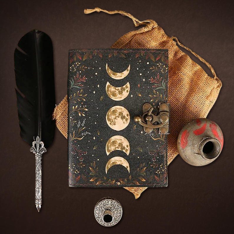 Handmade Moon Phases Leather Journal - Vintage Grimoire With Deckle ...