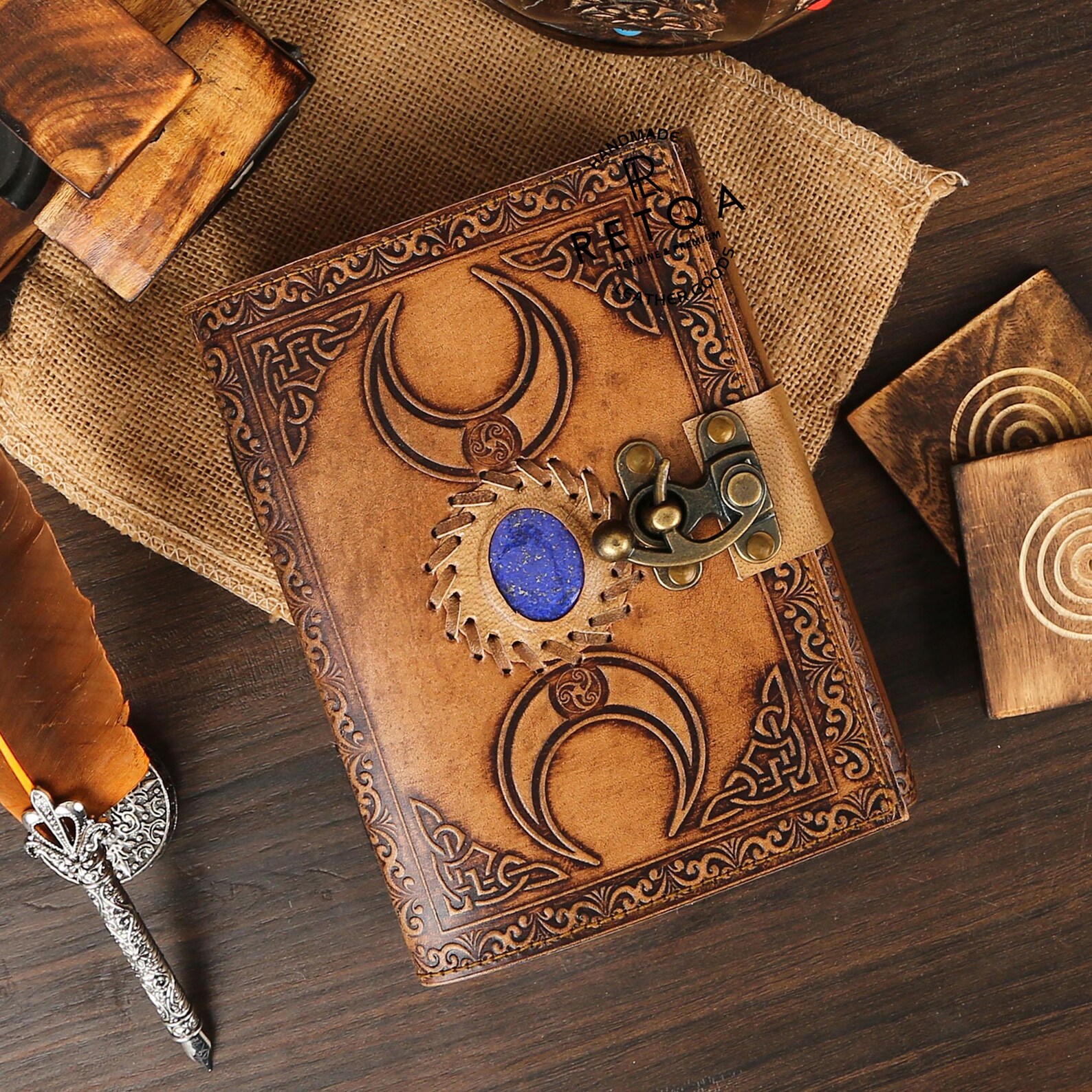 Set of 3 Triple Moon Leather Journals | Red, Brown & Black Handmade ...