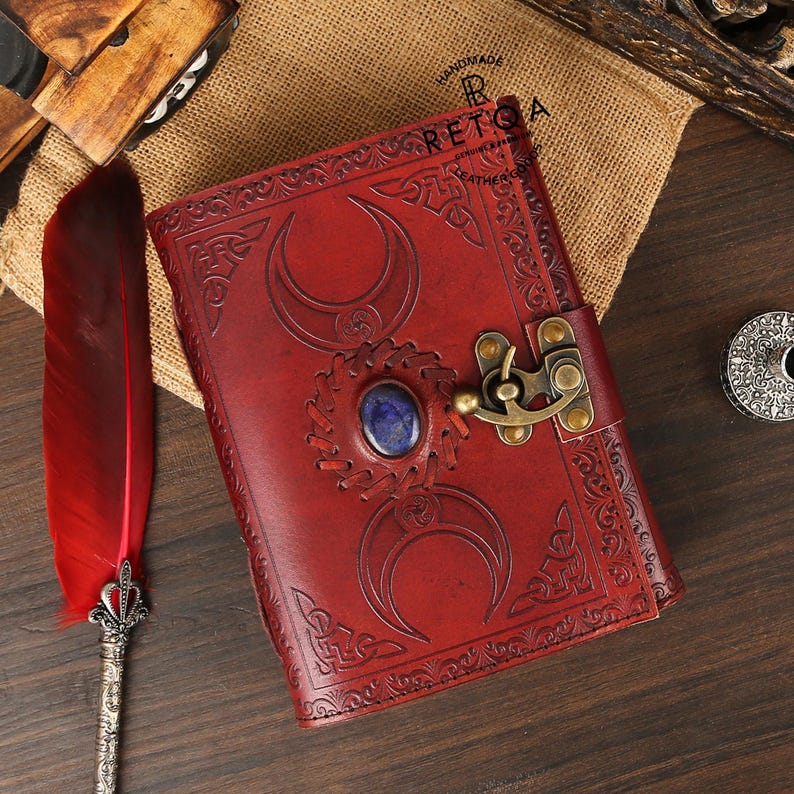 Set of 3 Triple Moon Leather Journals | Red, Brown & Black Handmade ...