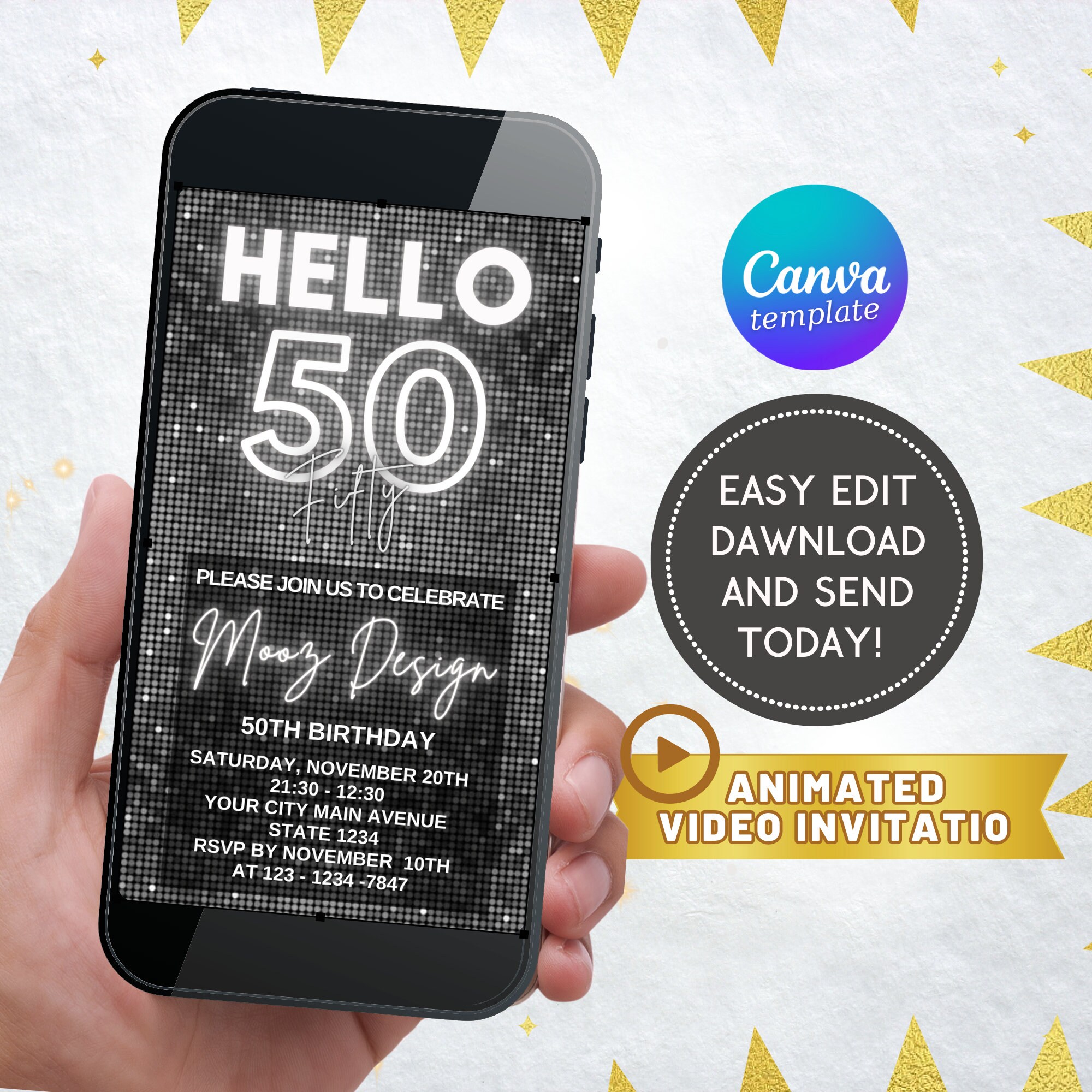 Electronic 50th Birthday Invitation, Black Silver Invitation, Editable ...