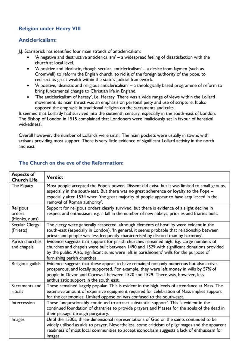 Tudor Bundle History Revision Notes From King Henry VII to Queen ...