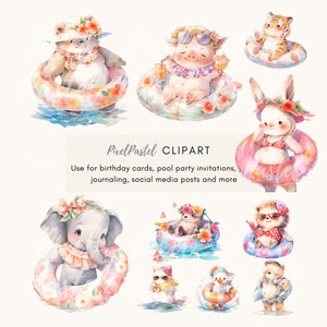 Watercolor Cute Animals Summer Activities Clipart Pool Party Kawaii ...