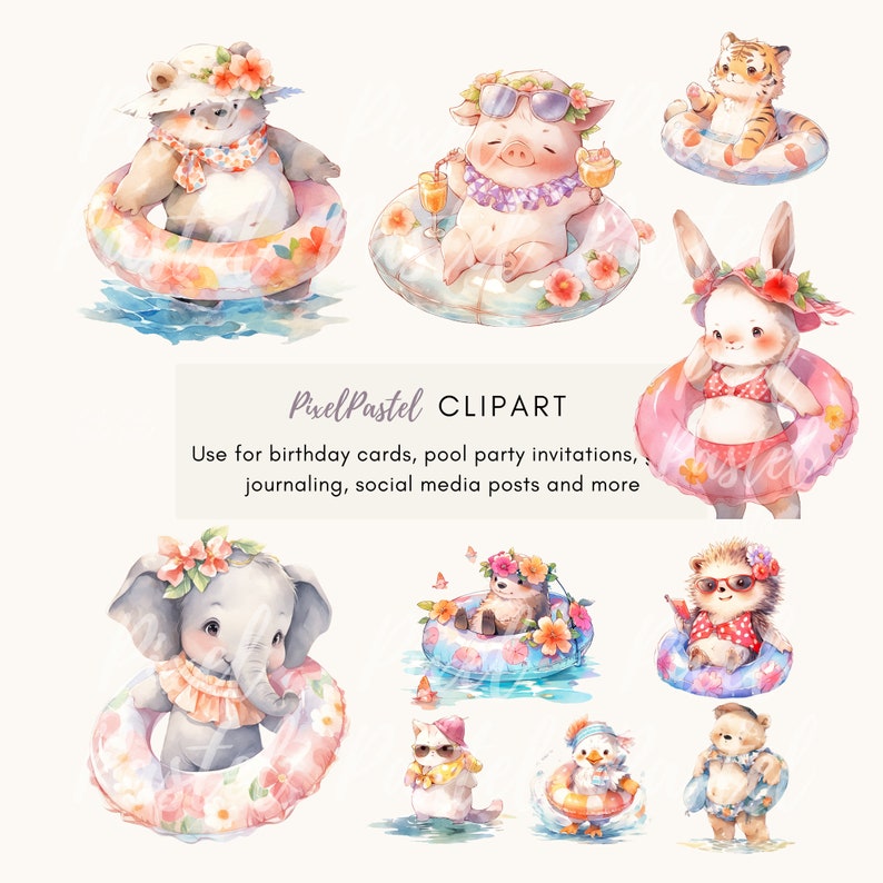 Watercolor Cute Animals Summer Activities Clipart Pool Party Kawaii ...
