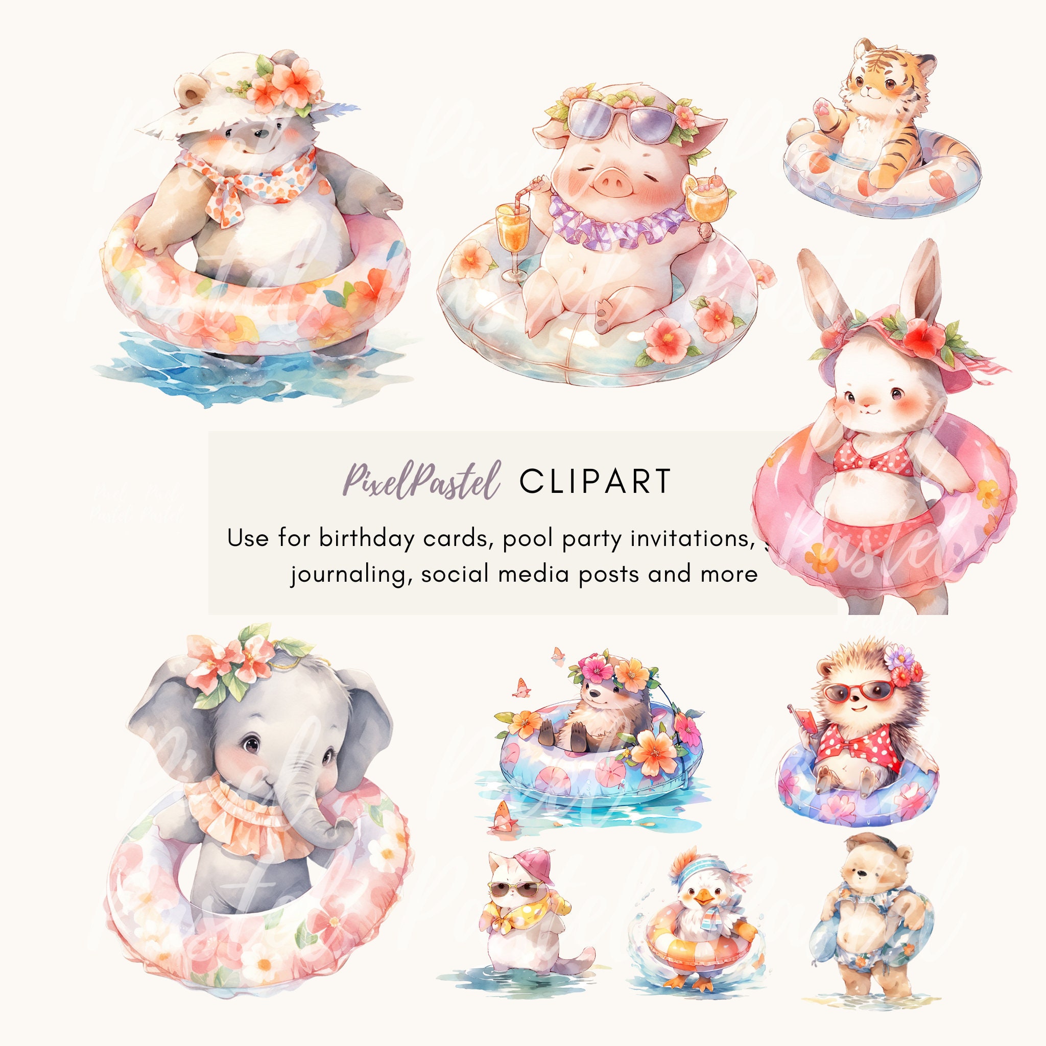 Watercolor Cute Animals Summer Activities Clipart Pool Party Kawaii ...