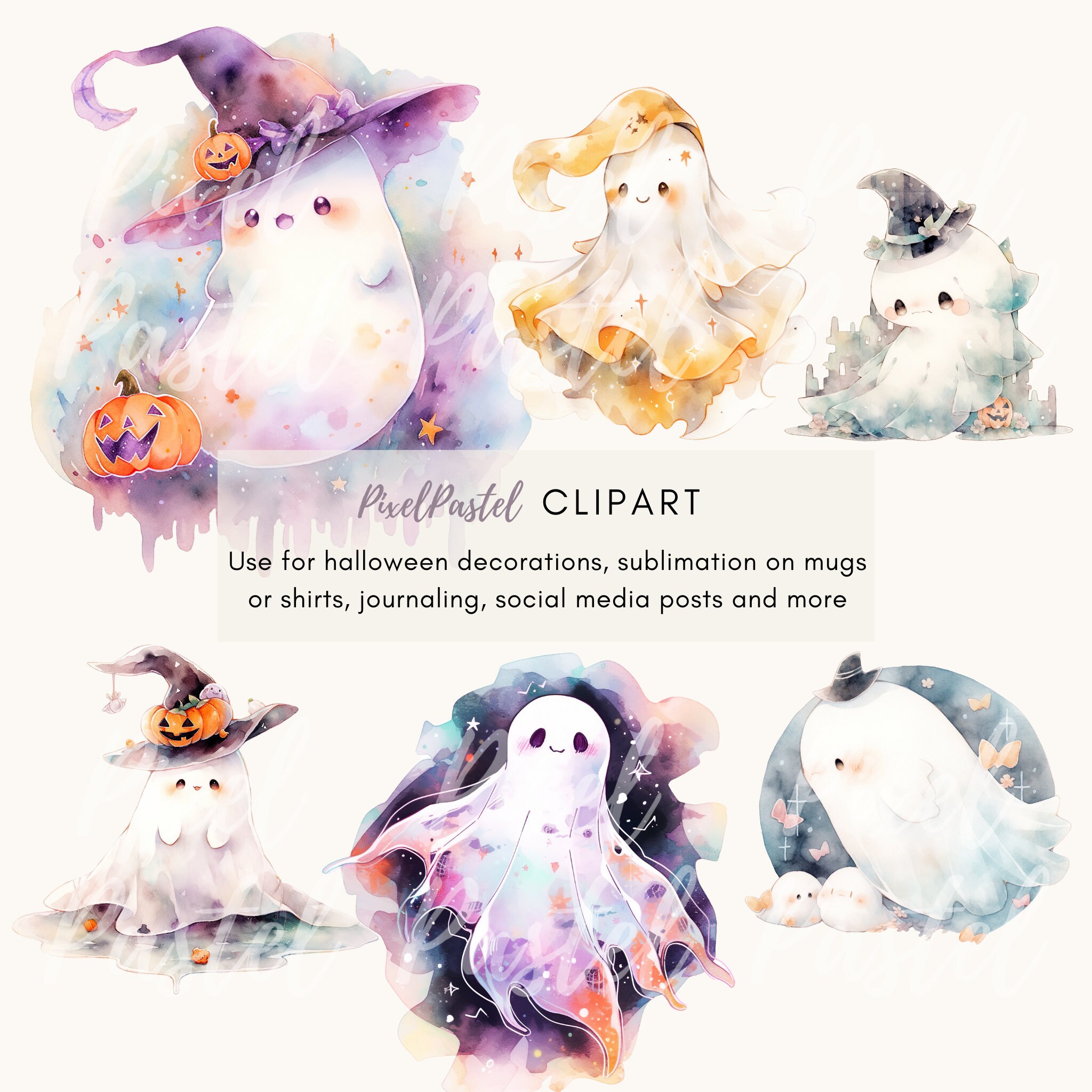 Watercolor Halloween Ghosts Clip Art Cute Floral Pastel Ghosts PNG Junk ...