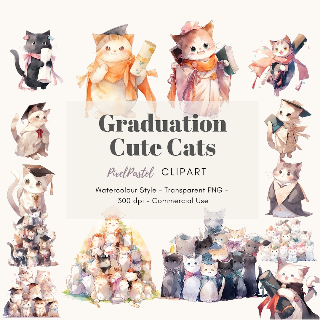 Graduation Cat Clipart Graduation Illustrations Cap and Gown Cat ...