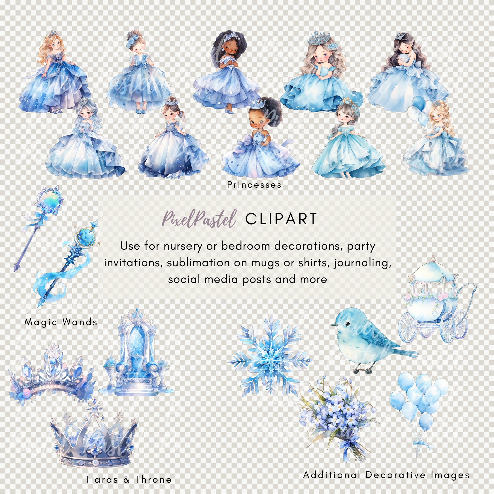 Watercolor Blue Dress Princess Clip Art Tiara Magic Wand Carriage Song ...