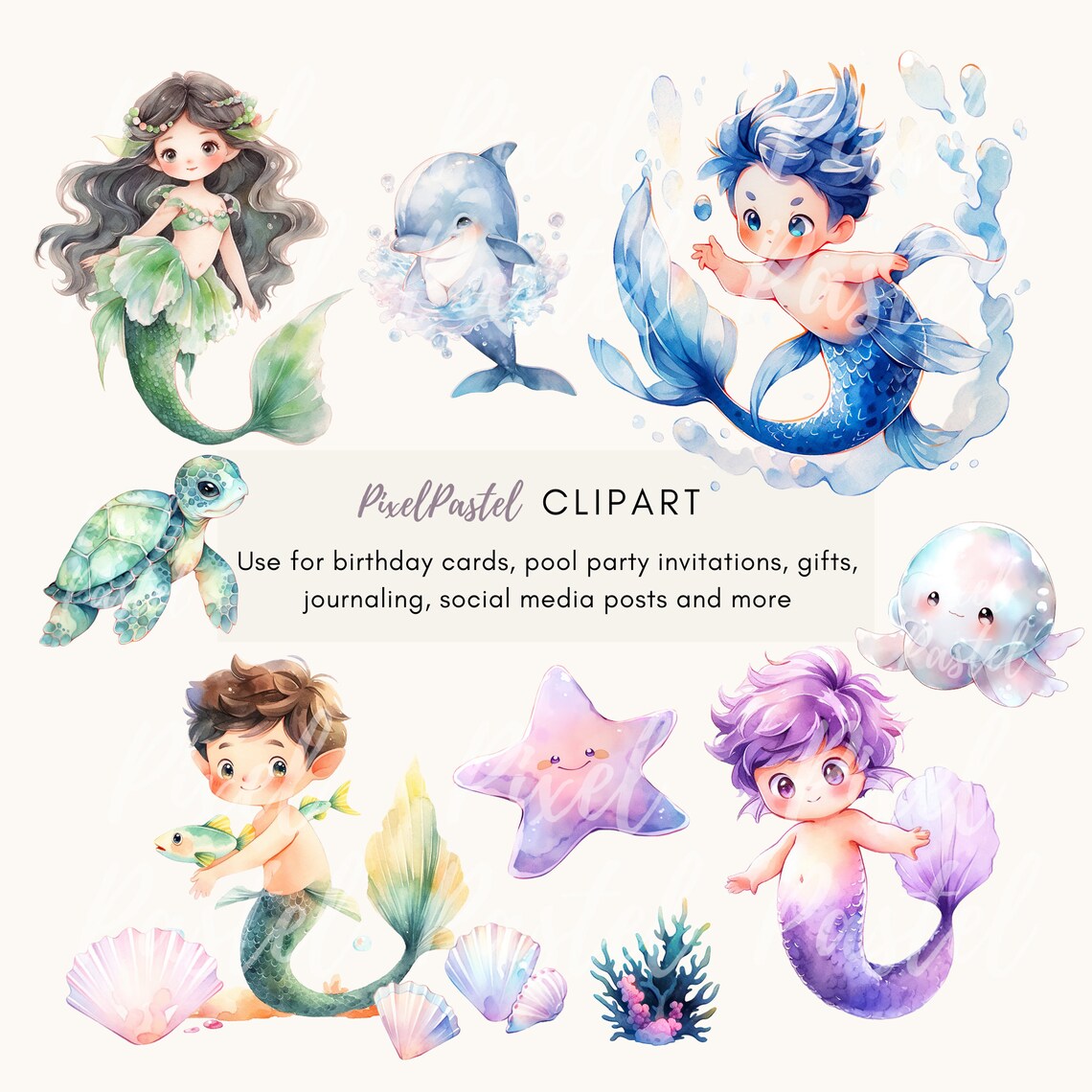 Mermaid Under the Sea Clipart, Merman, Cute Ocean Animal, Fantasy Clip ...