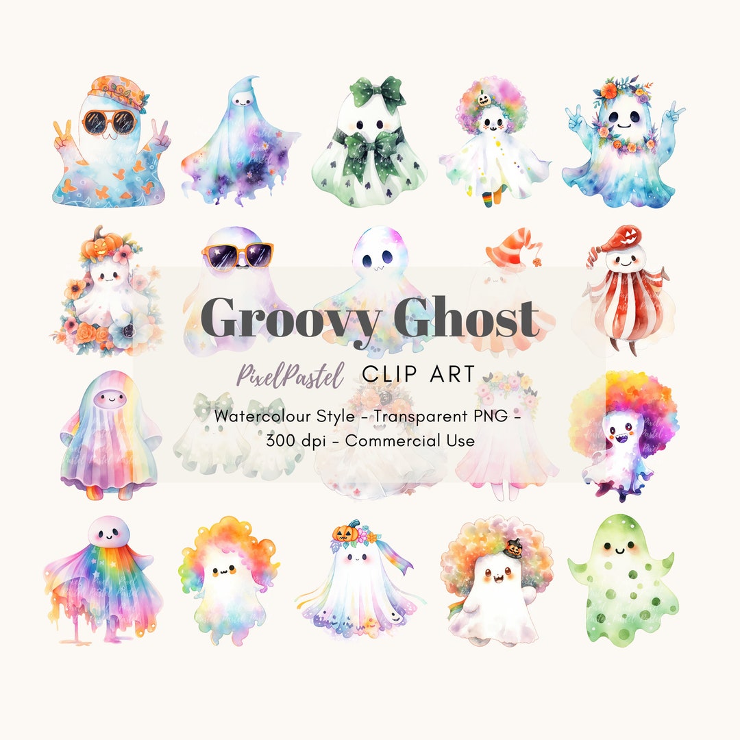 Watercolor Groovy Ghosts Clip Art Retro Halloween Ghosts PNG Cute ...