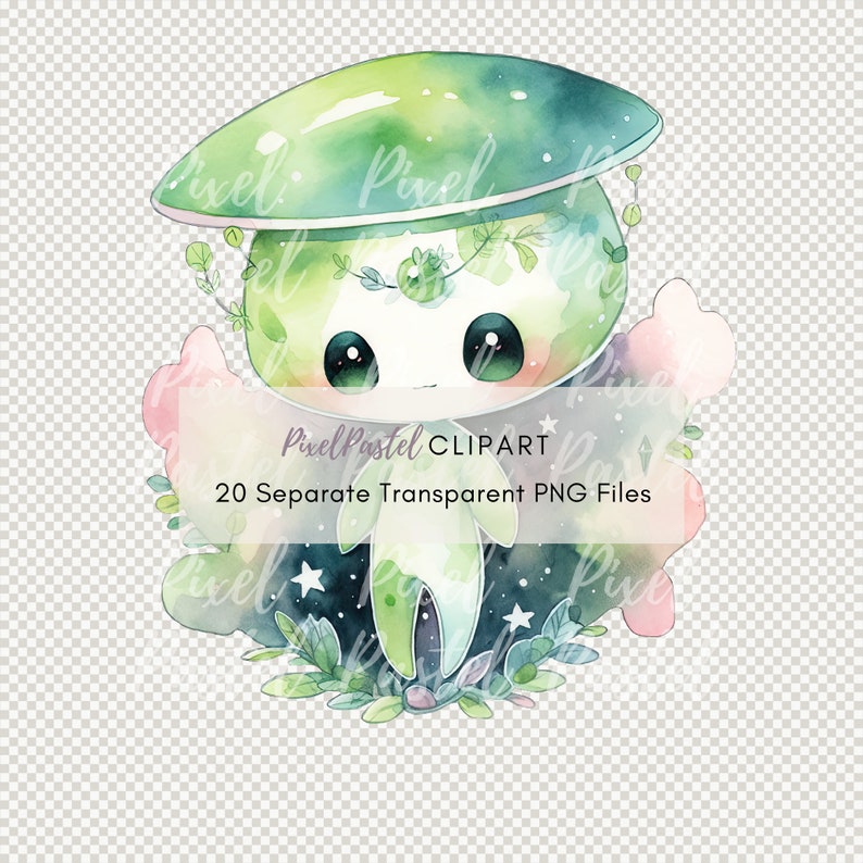 Watercolor Outer Space Alien Clip Art Kawaii Pastel Alien PNG ...
