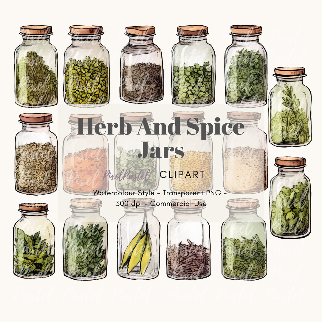 Watercolor Spice Jar and Herbs Illustrations Clip Art Junk Journal ...