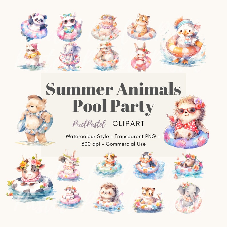 Watercolor Cute Animals Summer Activities Clipart Pool Party Kawaii ...