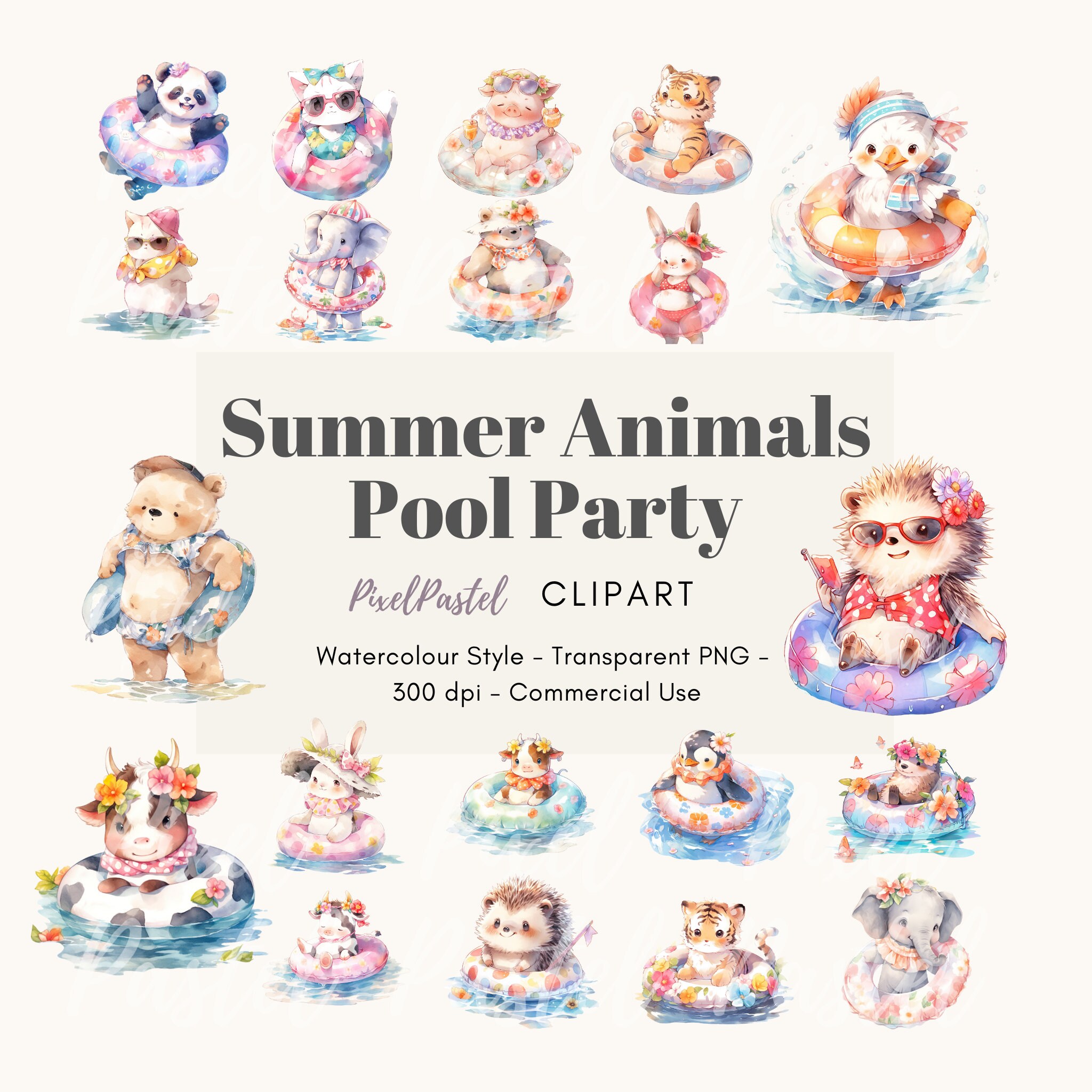 Watercolor Cute Animals Summer Activities Clipart Pool Party Kawaii ...