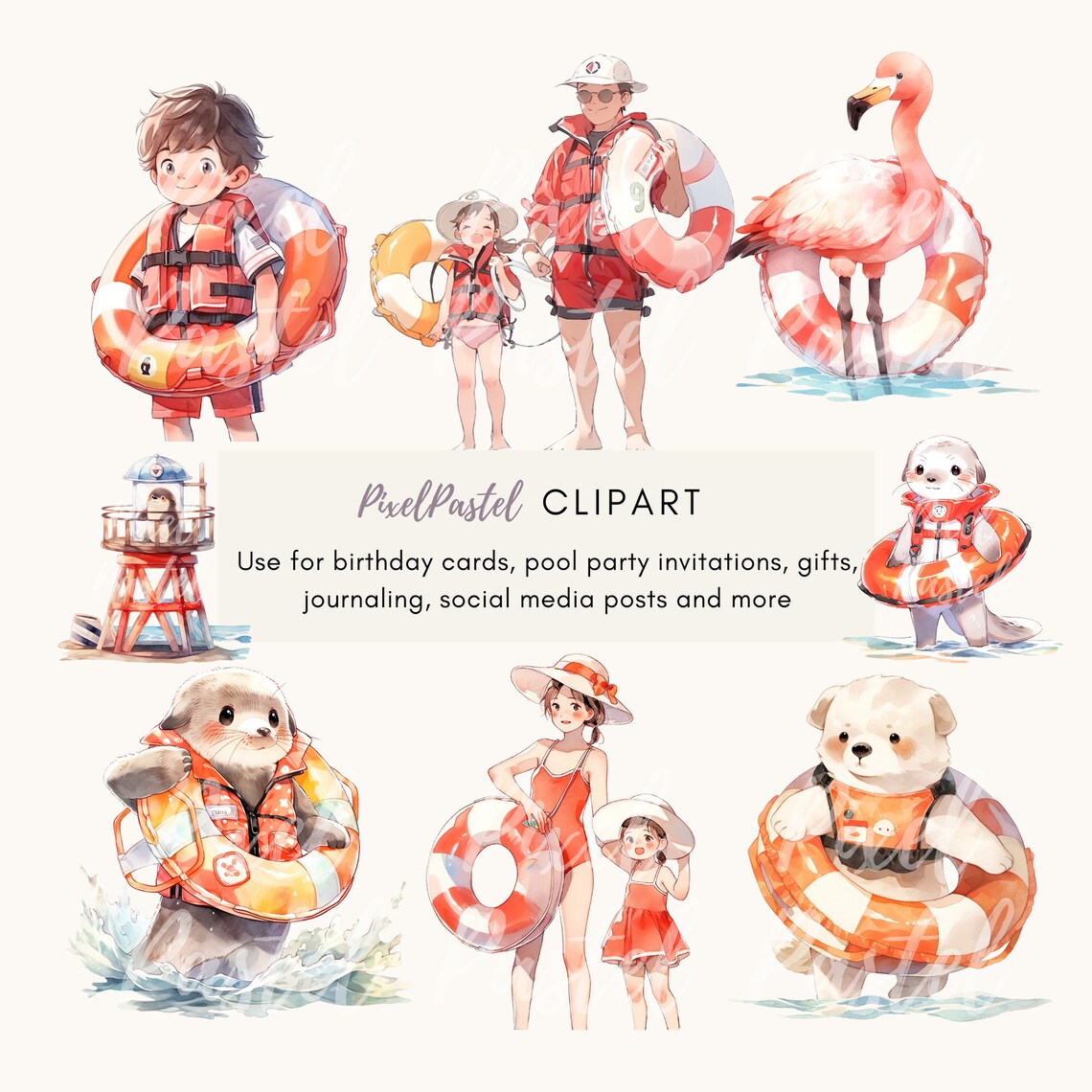 Watercolor Cute Lifeguard Clip Art Summer Animals Activities Family ...