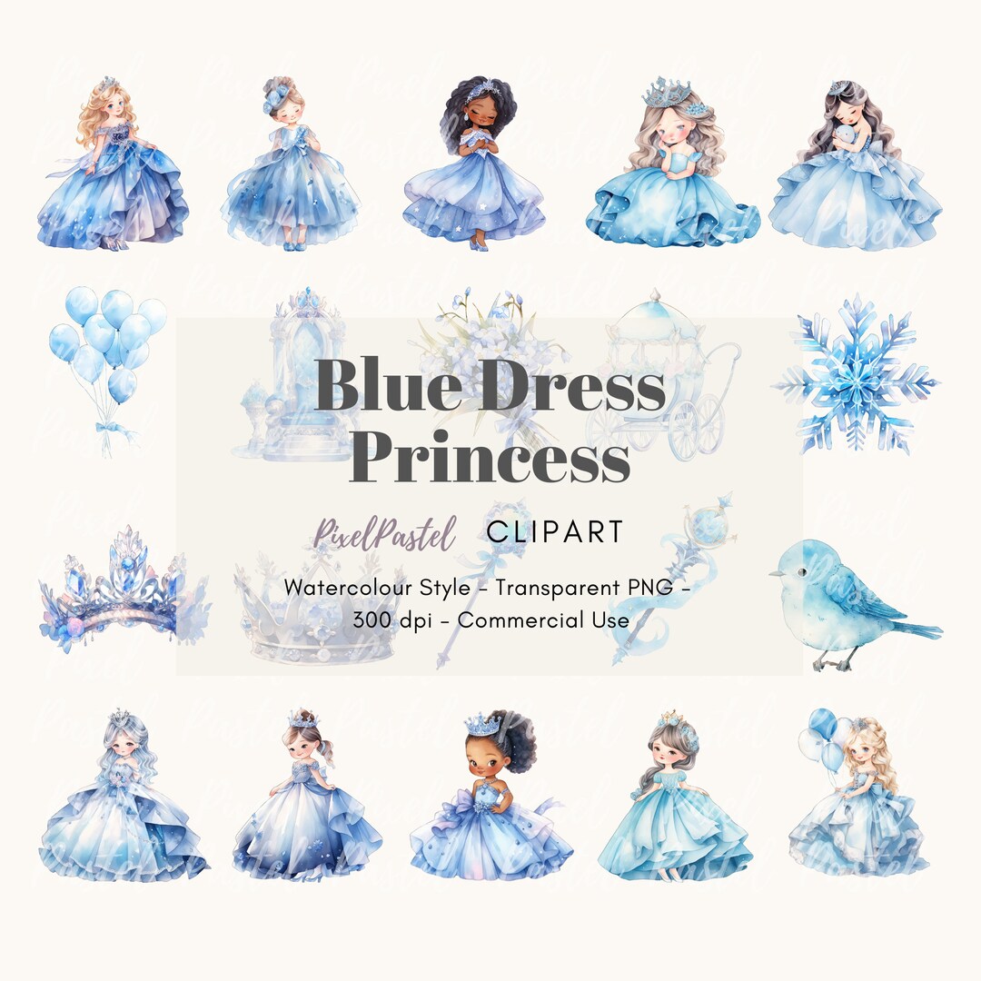 Watercolor Blue Dress Princess Clip Art Tiara Magic Wand Carriage Song ...
