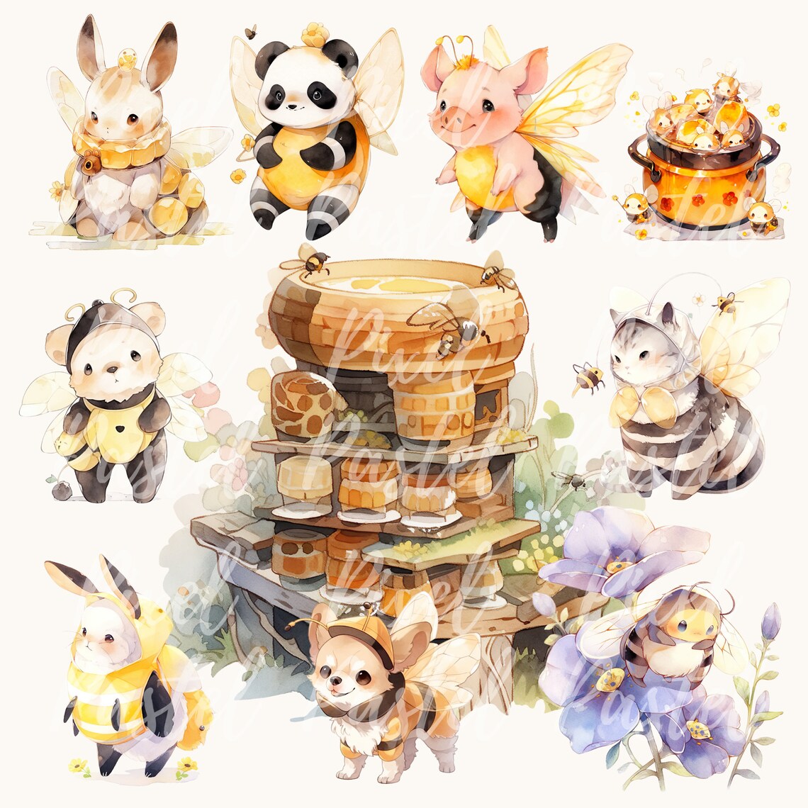 Watercolor Honey Bee Clipart Kawaii Animal Bumble Bee Clipart PNG ...