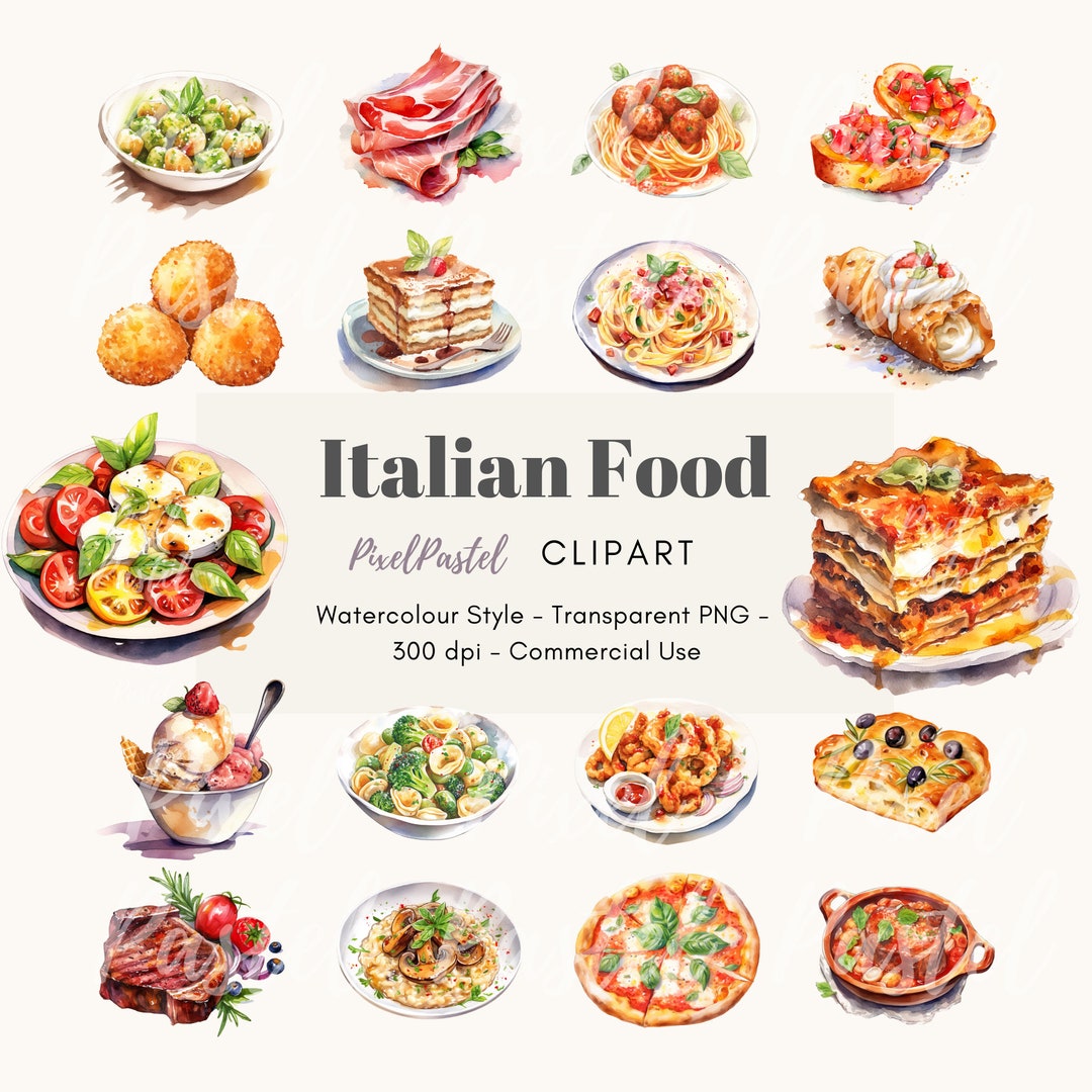 Watercolor Italian Food Clip Art Pasta Pizza Lasagne Tiramisu Italian ...