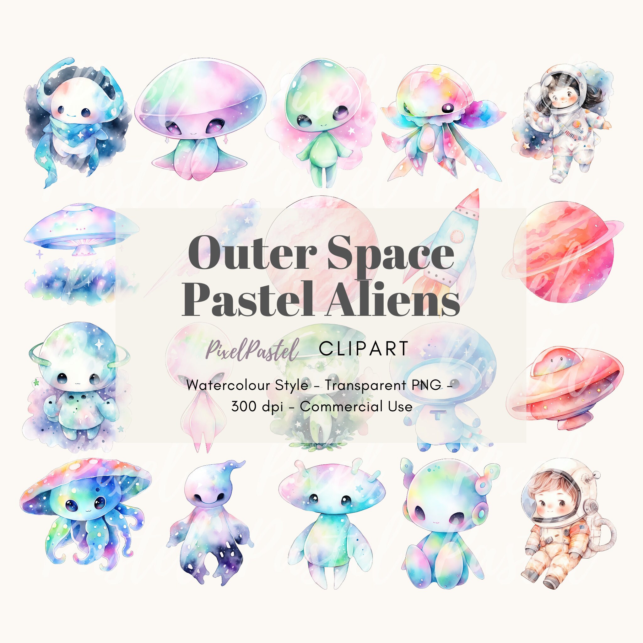Watercolor Outer Space Alien Clip Art Kawaii Pastel Alien PNG ...
