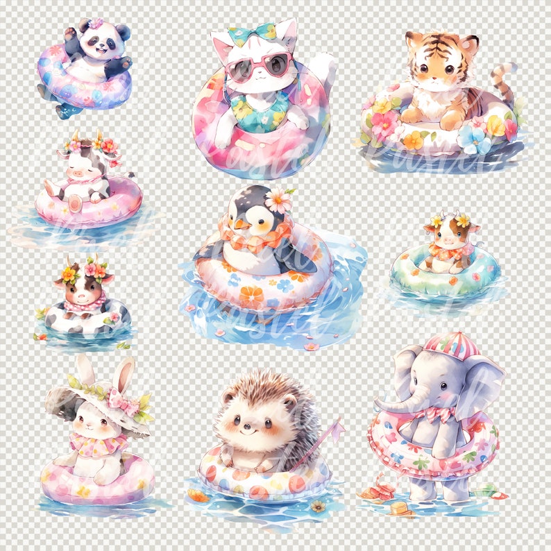 Watercolor Cute Animals Summer Activities Clipart Pool Party Kawaii ...