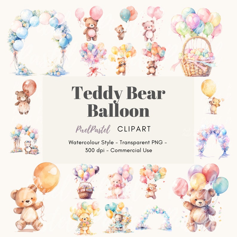 Watercolor Teddy Bear Balloon Clip Art Little Bear PNG Balloon Clip Art ...