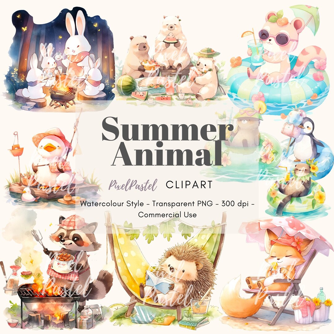 Watercolor Cute Animals V2 Summer Activities Clipart Kawaii Animal ...