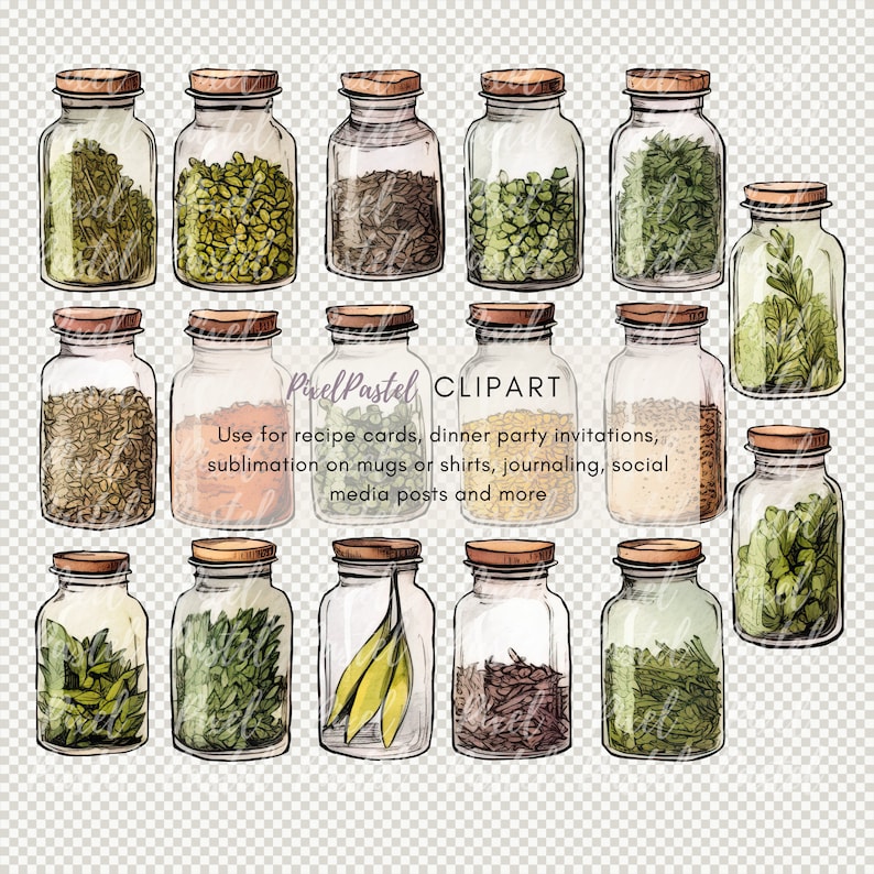 Watercolor Spice Jar and Herbs Illustrations Clip Art Junk Journal ...
